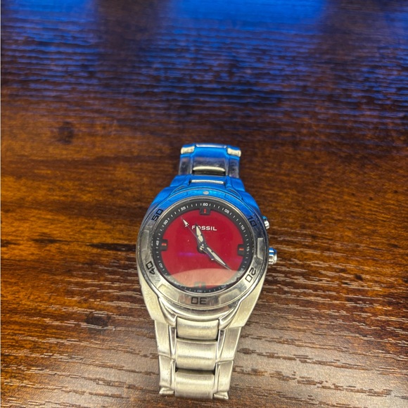 Fossil | Accessories | Vintage Fossil Red Dial Silver Bracelet Watch No ...